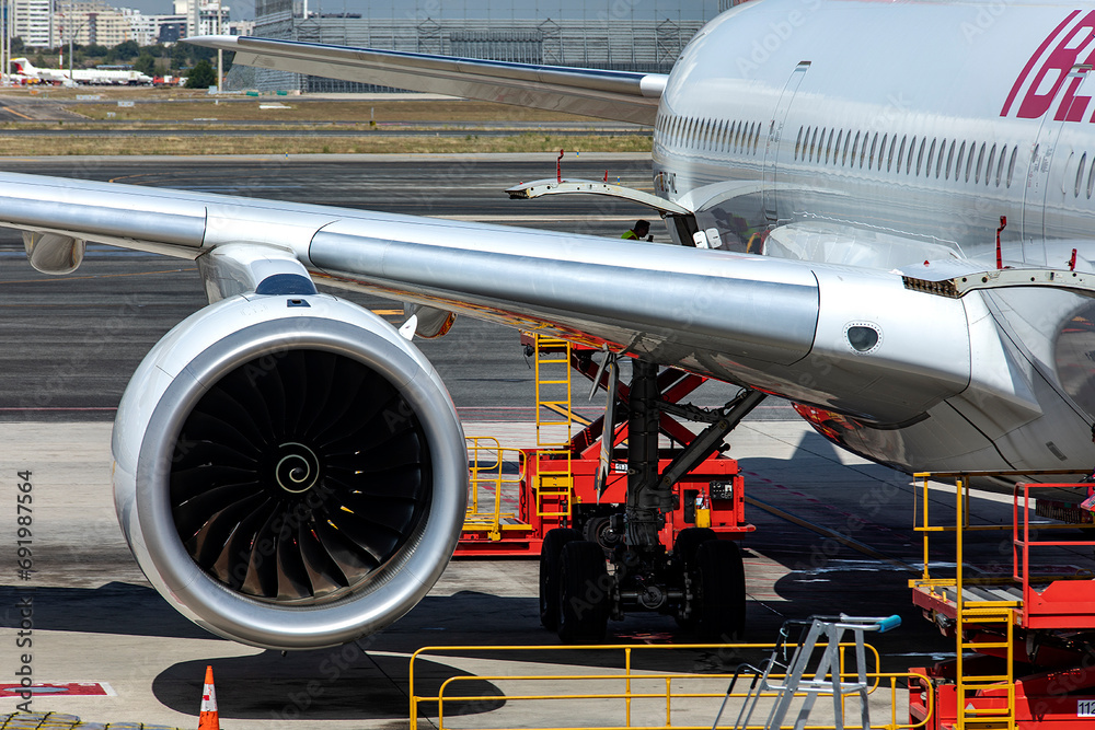 Madrid, Spain, May 31, 2023: engine, wing and landing gear of an Airbus ...