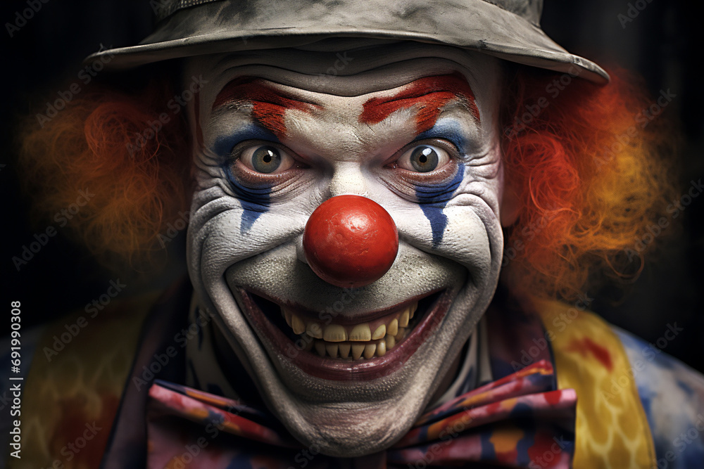 A sinister clown, the joker, wears a menacing smile, laughter in his ...