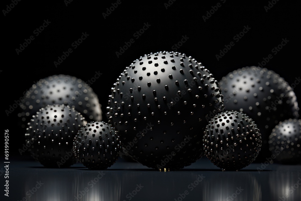 a group of black balls sitting next to each other on a reflective ...