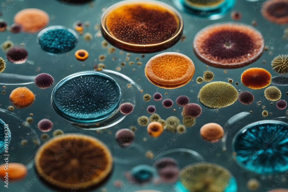 Abstract background with a petri dish, colorful microbes and bacteria ...