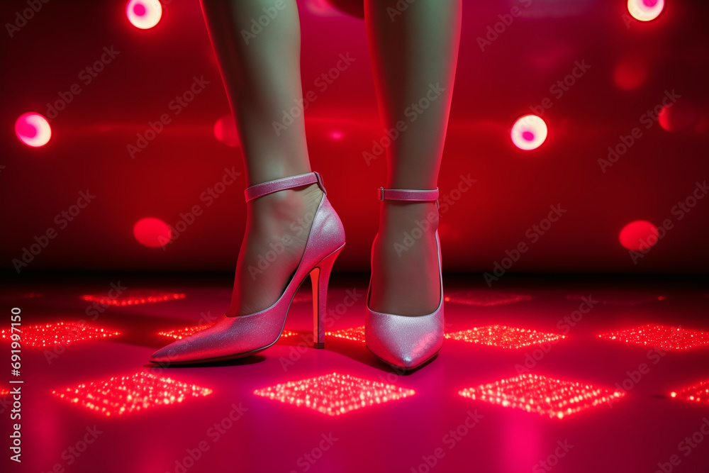 Woman with sensual skinny legs wearing shimmering high heels, vivid ...