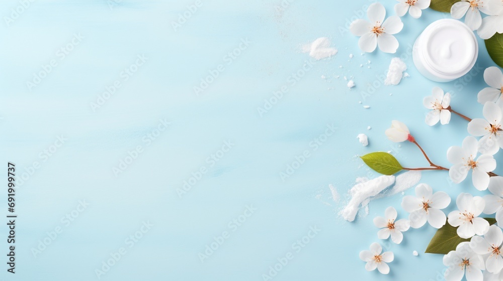 Beauty background with facial cosmetic products, leaves and cherry ...