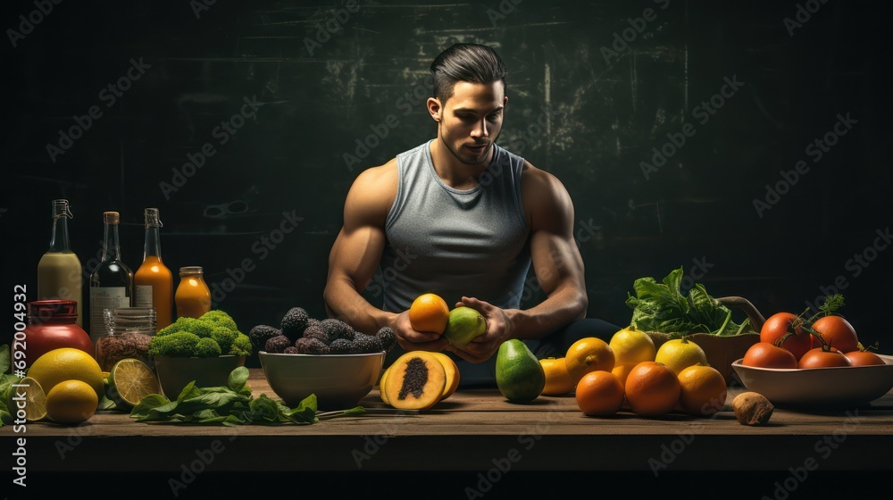 Healthy Eating, a man who is a fitness gym athlete, is giving a ...