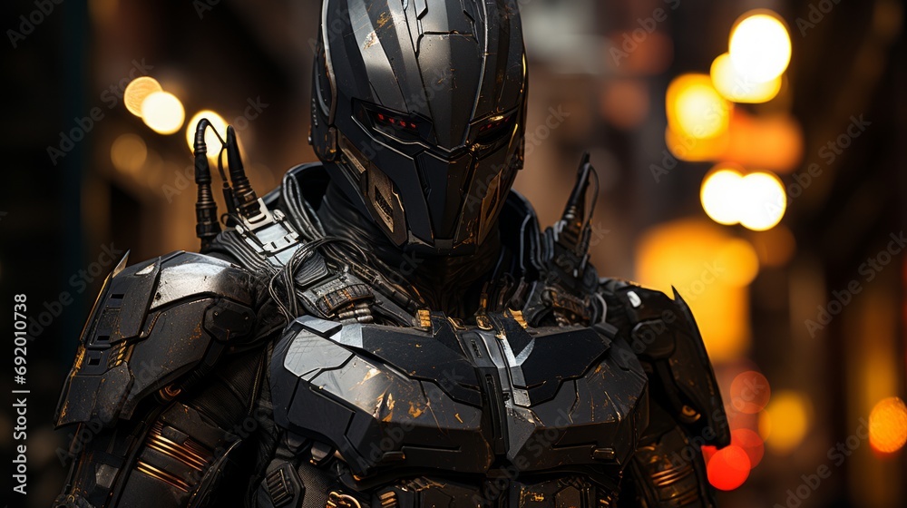 A robotic knight stands tall, donning a gleaming breastplate and ...