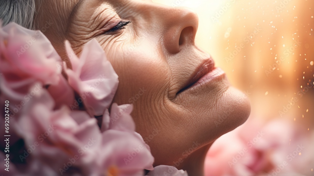 Rose petals delicately cascade onto middle aged woman face in close up ...