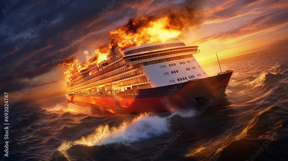 Passenger ocean liner ship engulfed in fire on high seas amidst turbulent waves, tragic and ...