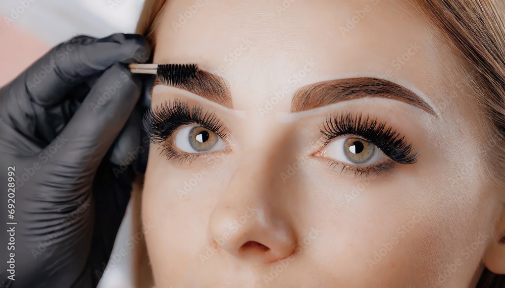 Young woman face during professional eyebrow mapping procedure before ...