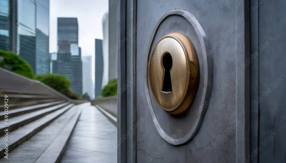 Keyhole in open door close-up swinging outwards. Concept of ...