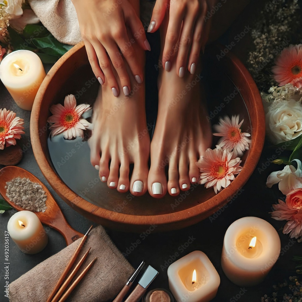 Relaxing foot bath. Women's feet bathing in bowl with flowers at spa ...