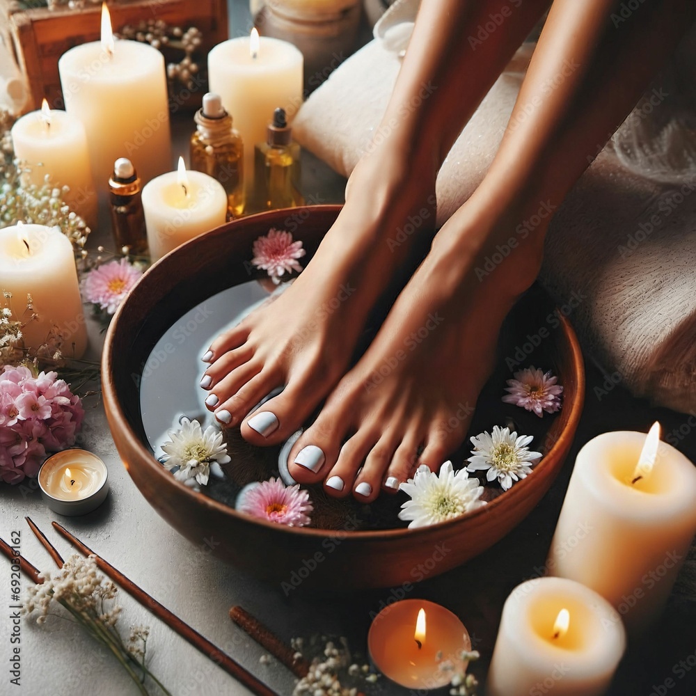 Relaxing foot bath. Women's feet bathing in bowl with flowers at spa ...