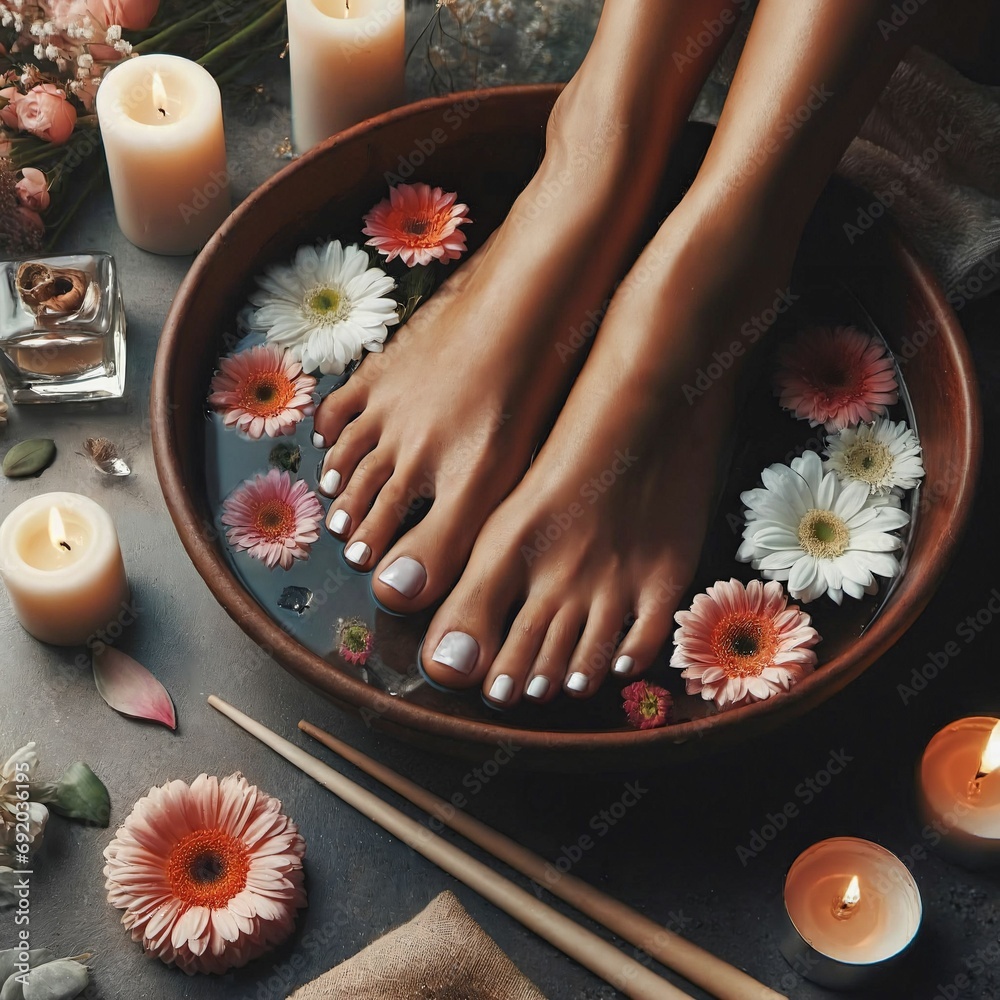 Relaxing foot bath. Women's feet bathing in bowl with flowers at spa ...