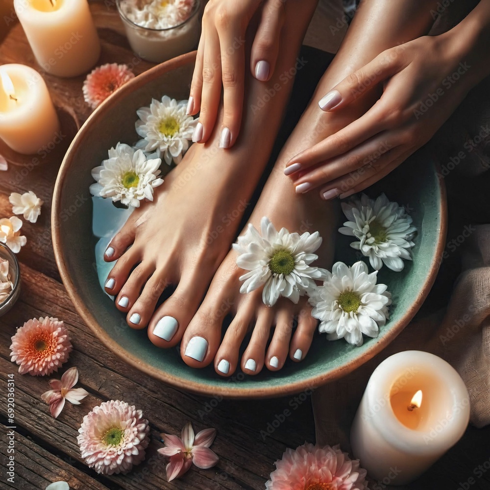 Fotka „Relaxing foot bath. Women's feet bathing in bowl with flowers at ...