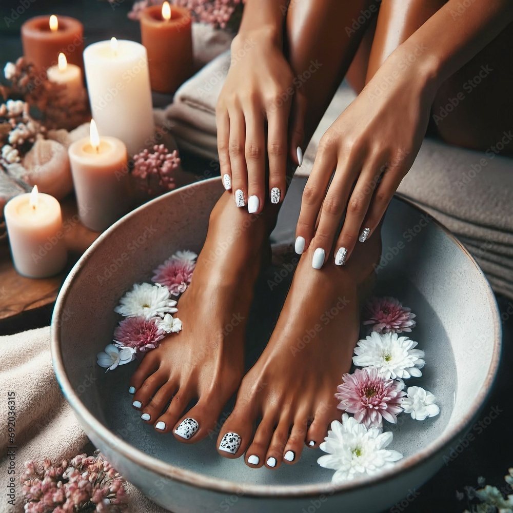 Relaxing foot bath. Women's feet bathing in bowl with flowers at spa ...