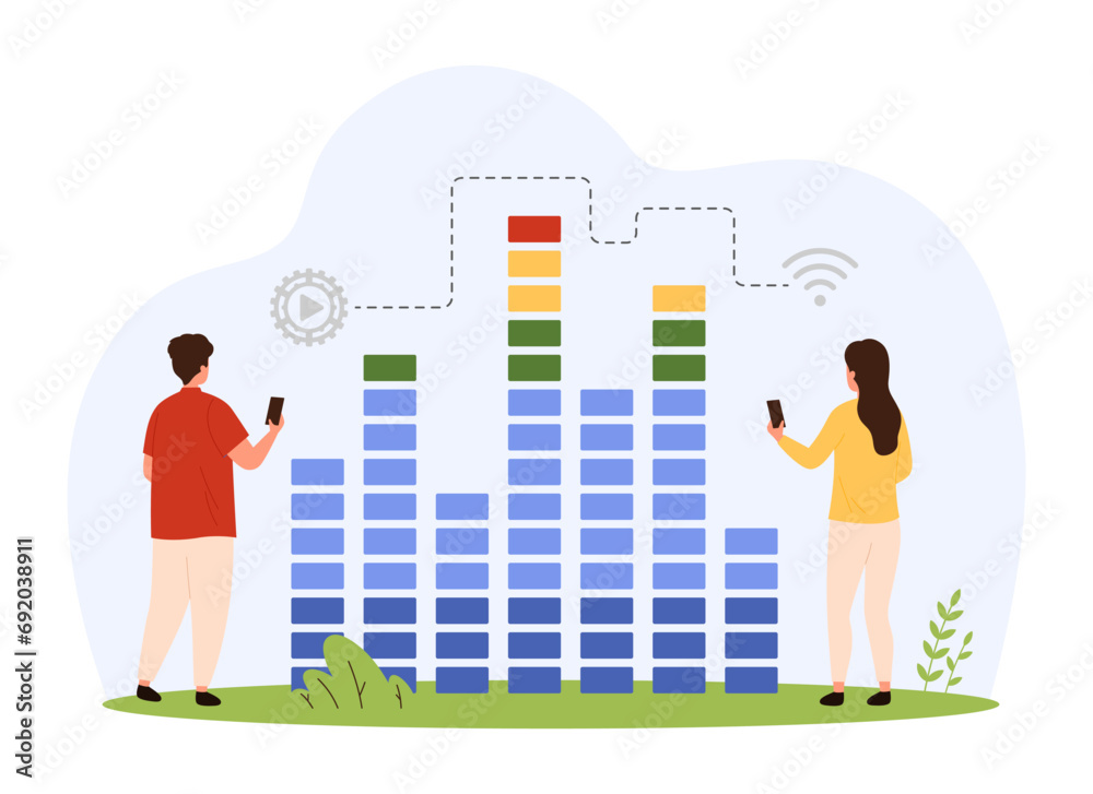 Sound mixer software vector illustration. Cartoon tiny people record ...