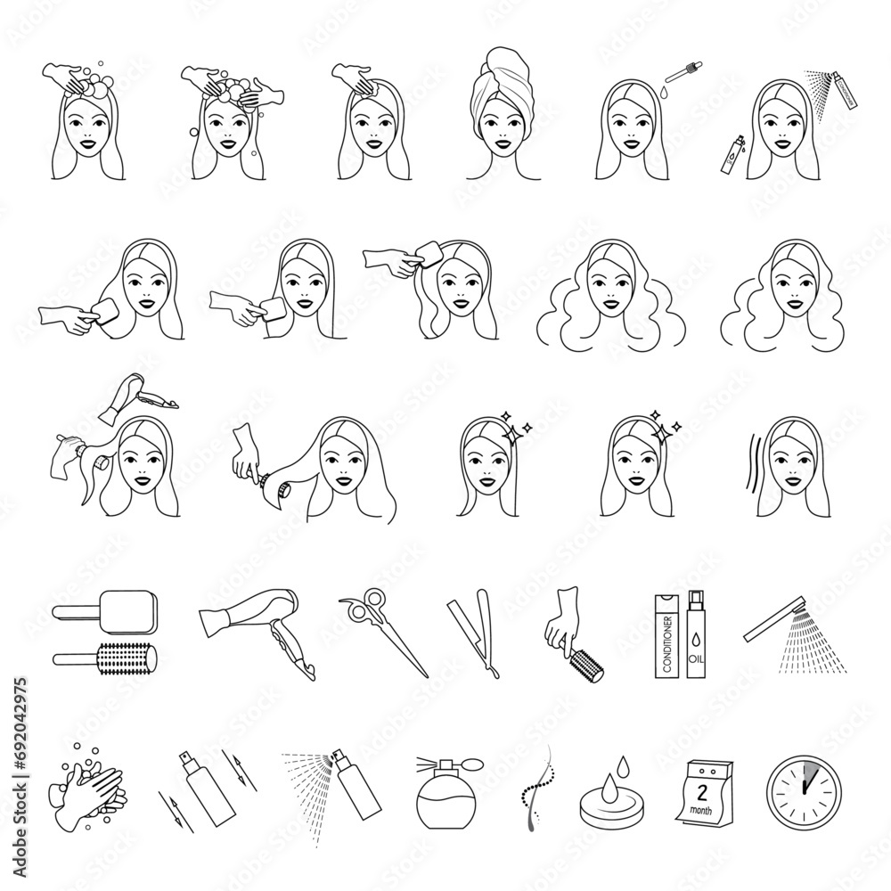Vector set of pictograms. Hair care, styling. The girl with the hair ...