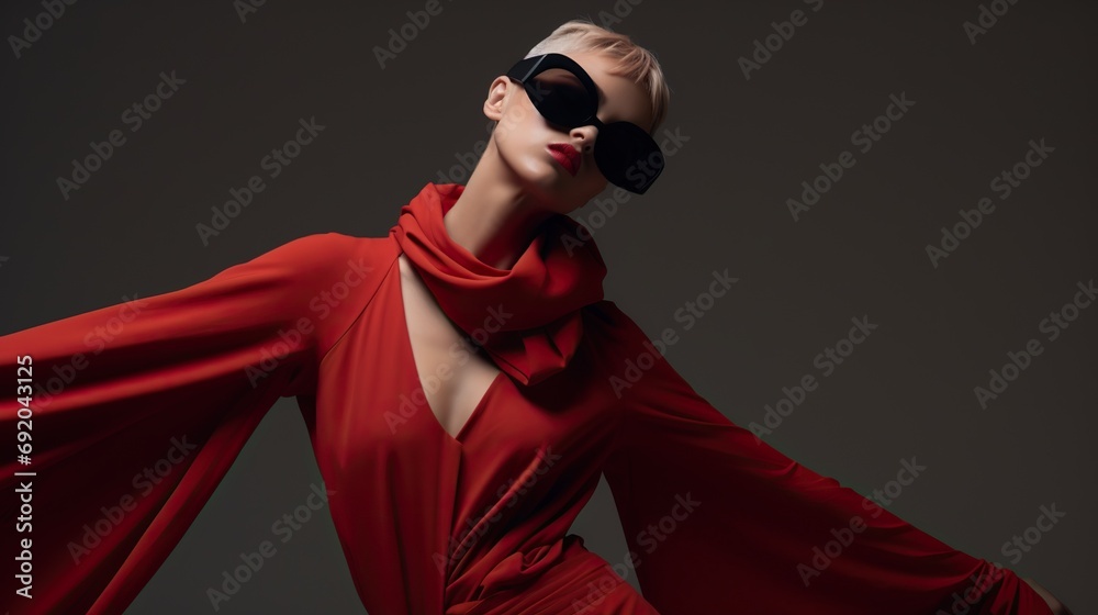 Female fashion model in strange pose with hans up, concept of ...