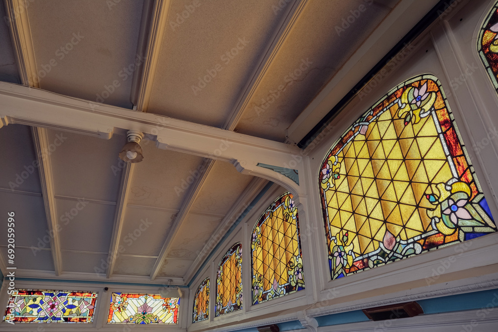 Classic historic interiors of old ferry boat ship liner with wooden ...