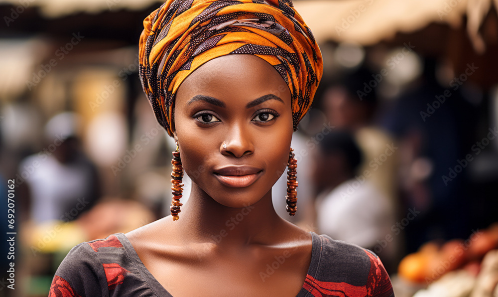 Elegant African woman with a colorful headscarf and earnest expression ...