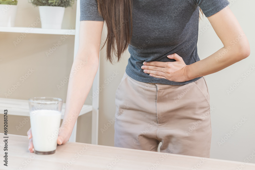 Pain, Allergy asian young woman, girl hand in belly suffer after drink ...
