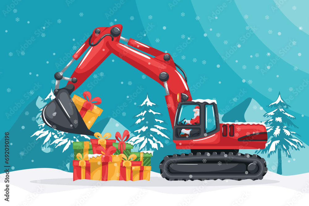 Santa Claus driving a tracked or crawler excavator loading boxes of ...