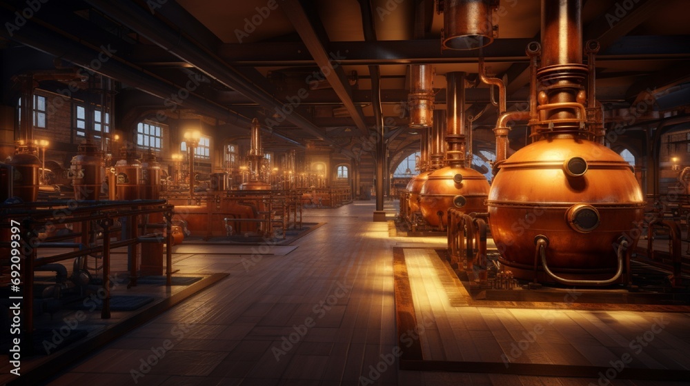 Whisky distillery interior, with copper stills and warm, ambient ...