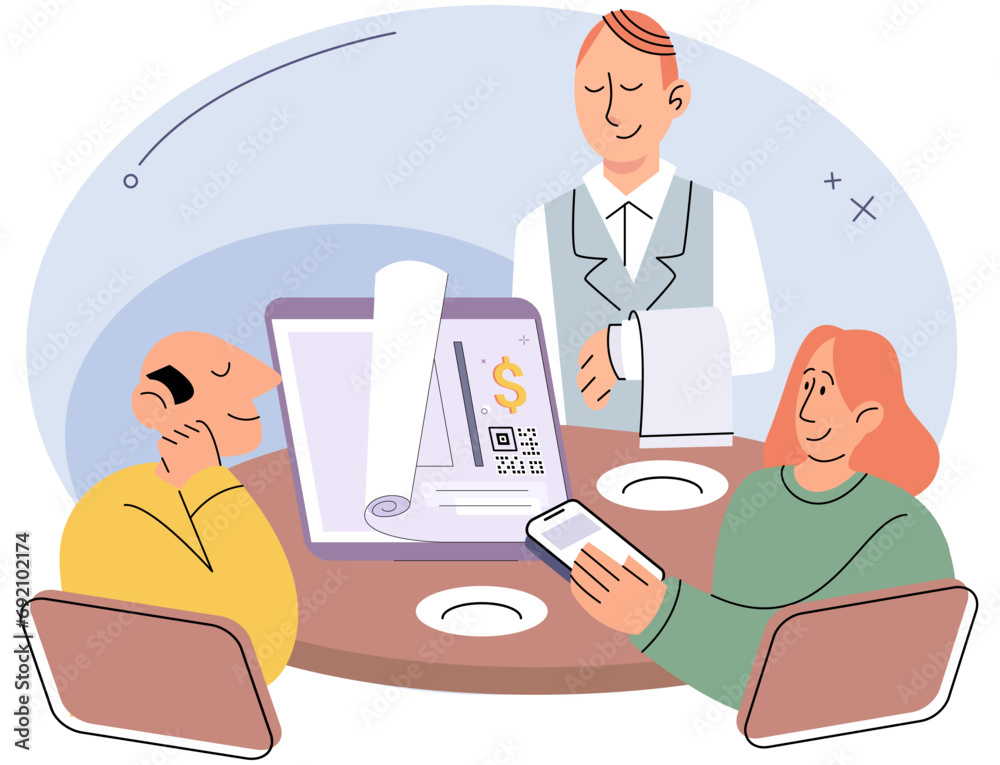 Couple sitting in restaurant order food using smartphone app scanning ...