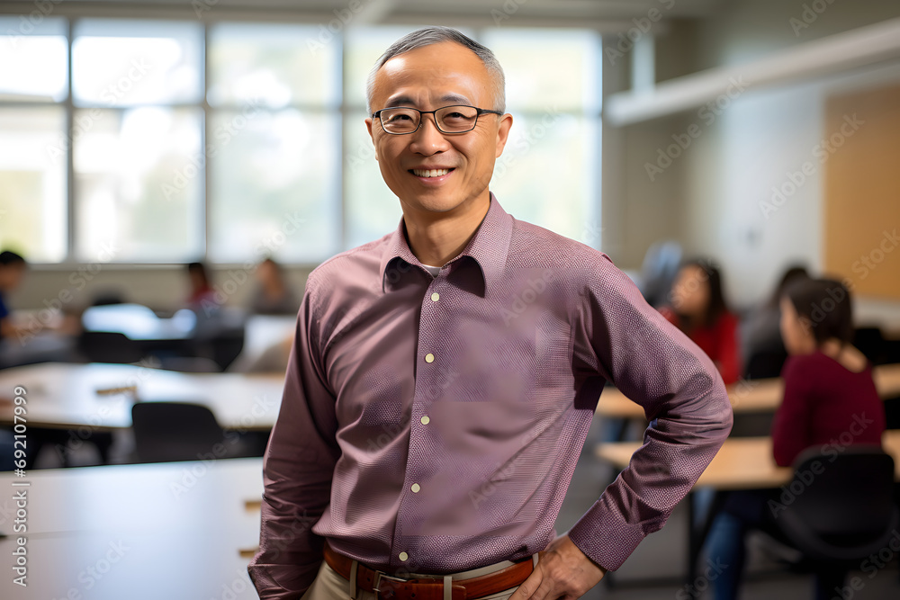 Older Asian Educator, Professional Asian Professor in Classroom Setting ...