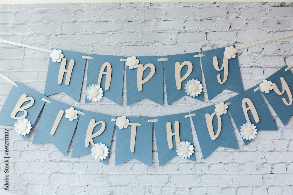 Festive Happy Birthday Banner with Daisy Decorations Stock Photo ...