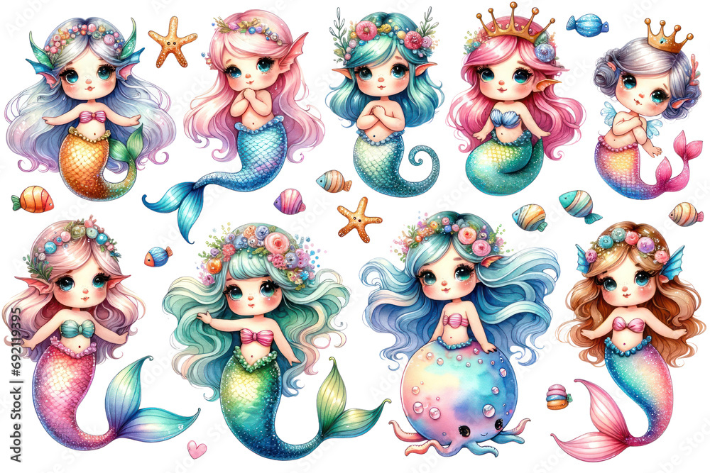 Set of Watercolor Mermaid Clipart illustration cut out transparent ...