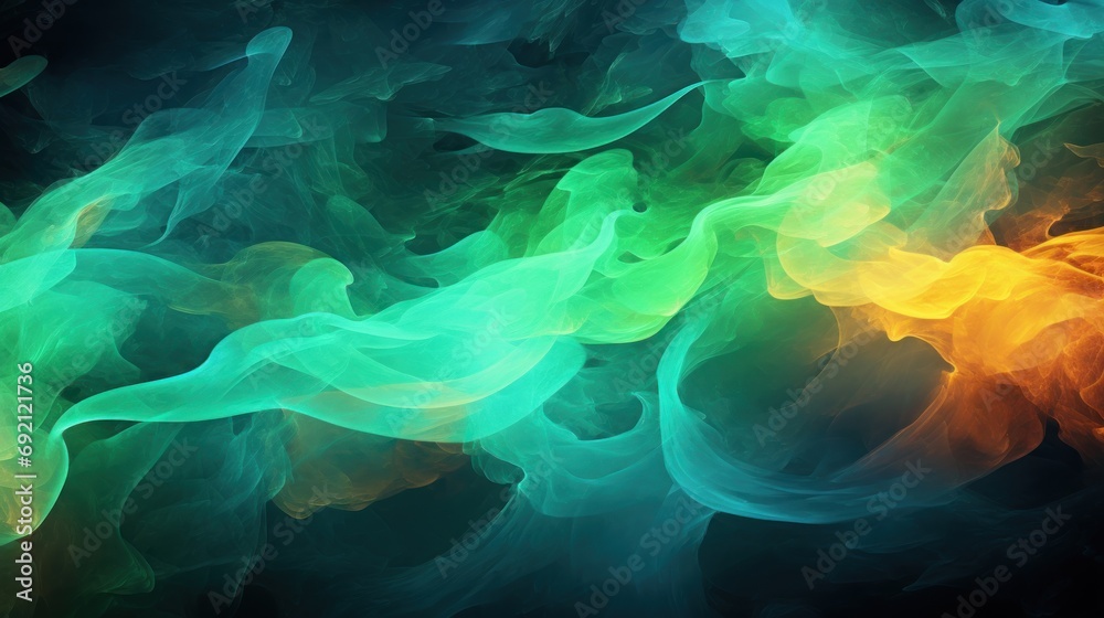 a mixture of colored smoke on a black background with a green, orange ...