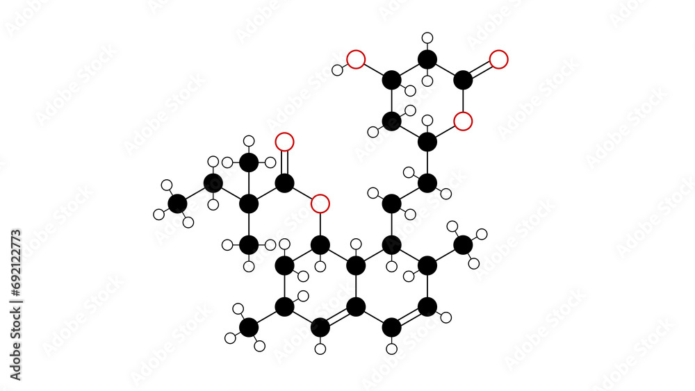 simvastatin molecule, structural chemical formula, ball-and-stick model ...