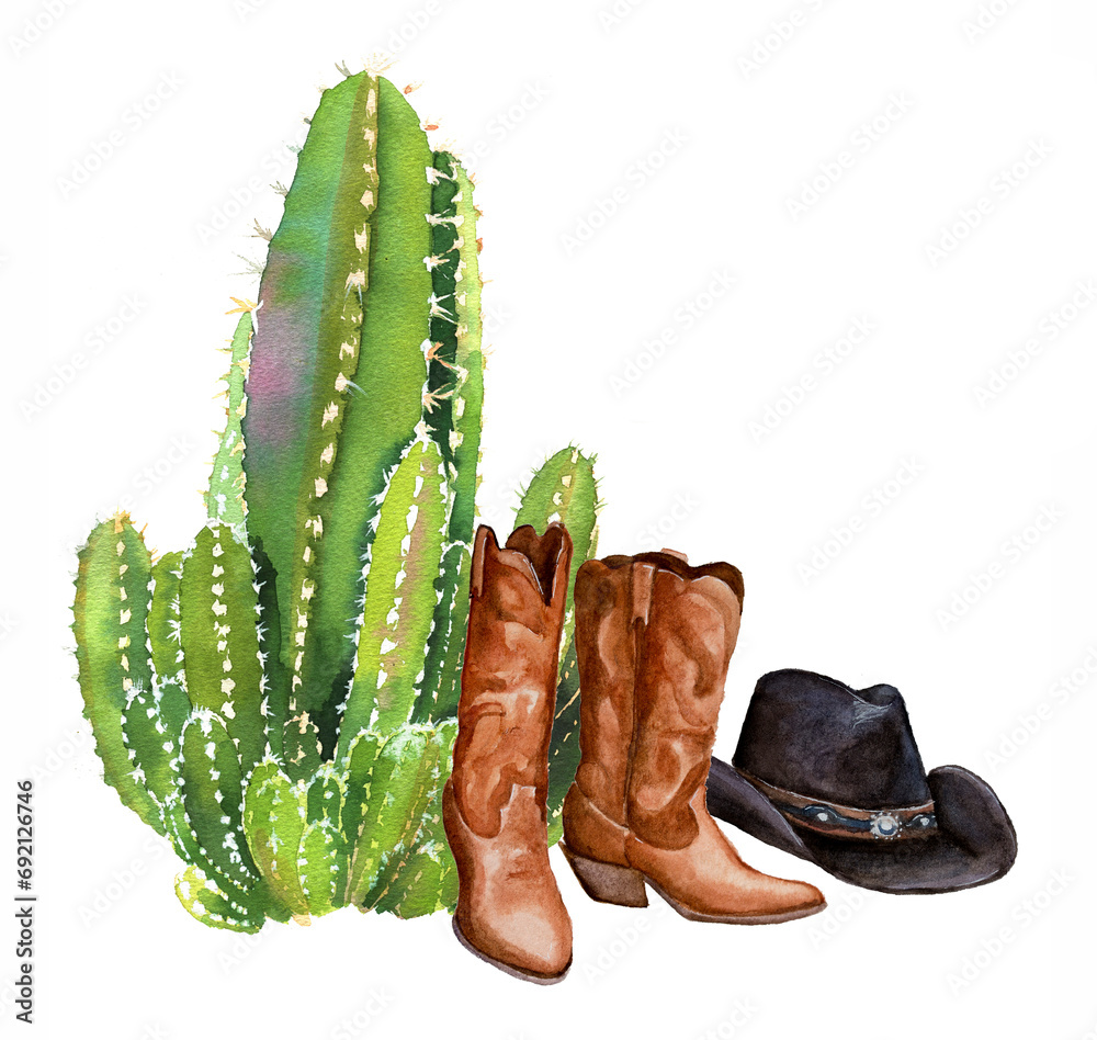 Cactus, cowboy boots and cowboy hat. Watercolor hand painted rodeo ...