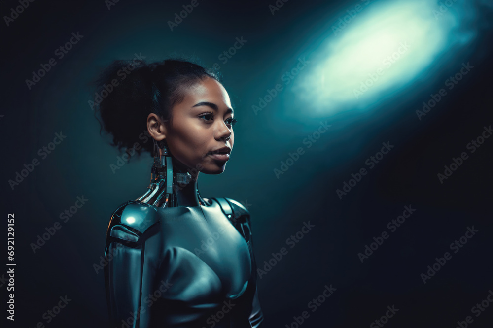 young woman with technological body parts of a robot or humanoid ...
