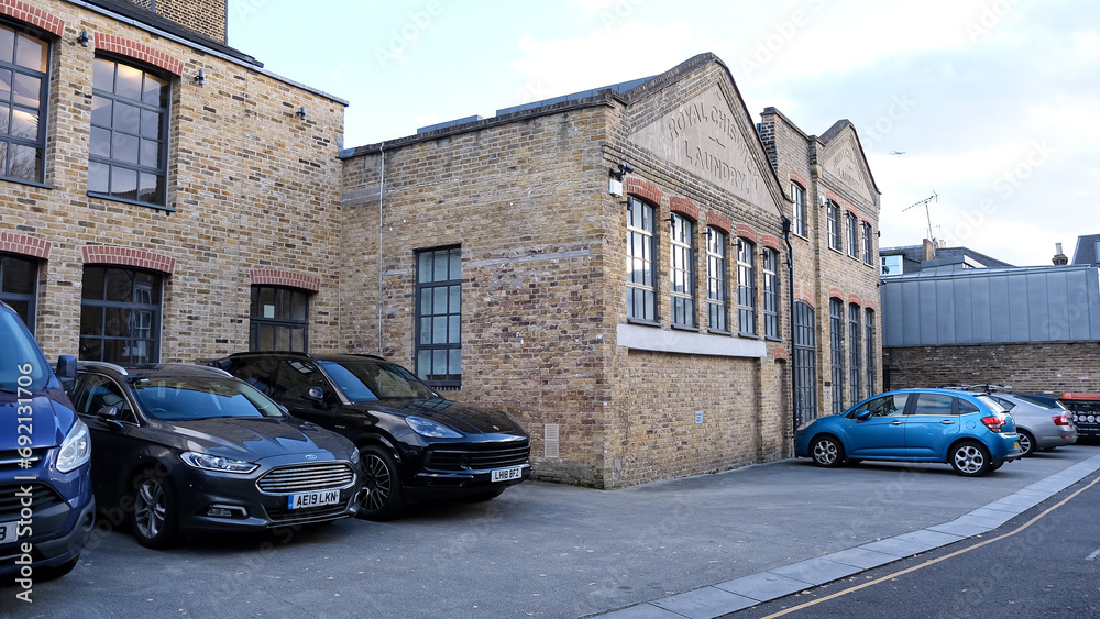 London, UK - 11.12.2023. Fragment of facade of Royal Chiswick Laundry ...