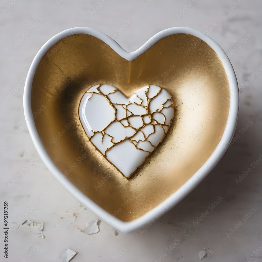 Kintsugi porcelain ceramic heart with golden cracks. Kintsugi or ...