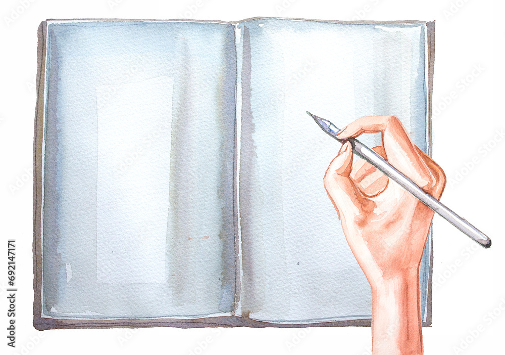 Beautiful old open notebook and hand with a pen design. Student ...