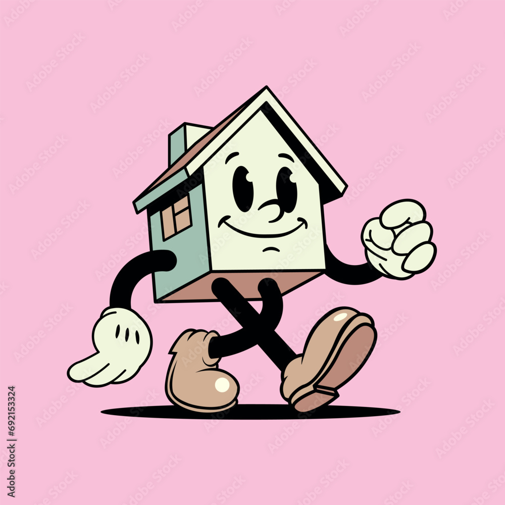 Vintage cartoon house mascot, walking and smiling, 1940s classic ...