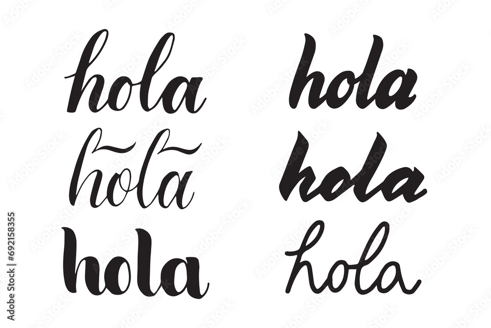 Hola handwritten word in Spanish (hello). Hand lettering typography ...