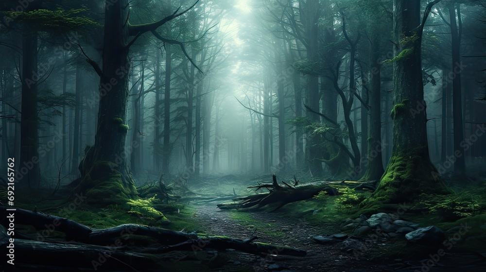 Enigmatic forest veiled in ethereal mist, crowned by majestic towering trees. Mystical ambiance ...