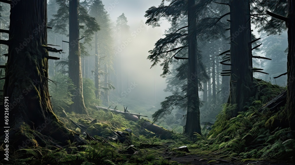Magical forest wrapped in a mystical mist, boasting towering, majestic ...