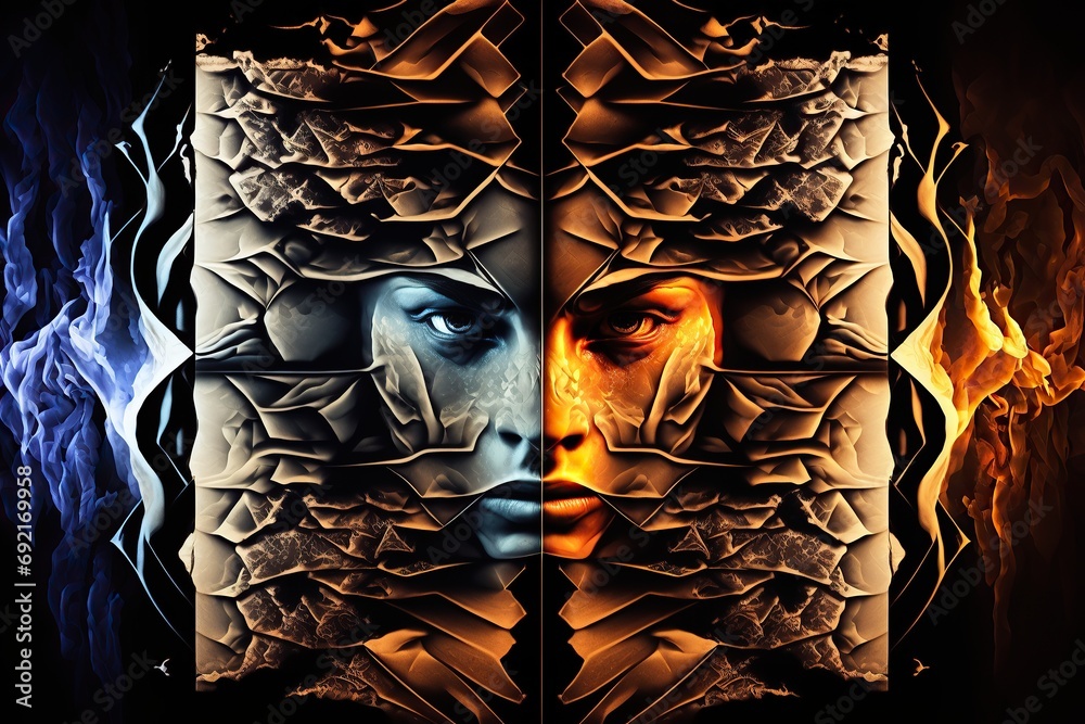 Conceptual representation of duality with fire and ice elements Stock ...