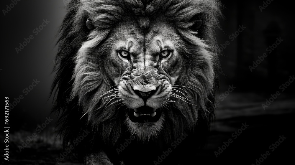 Close-up of the head of an aggressive lion ready to attack. Wild animal ...