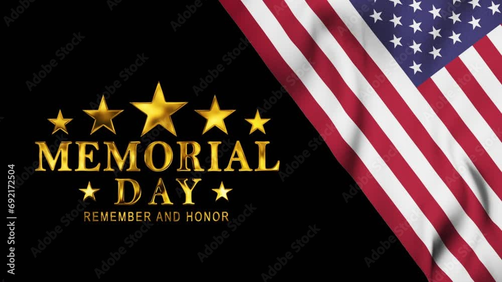 Memorial Day Animation whit golden text on black background. American ...