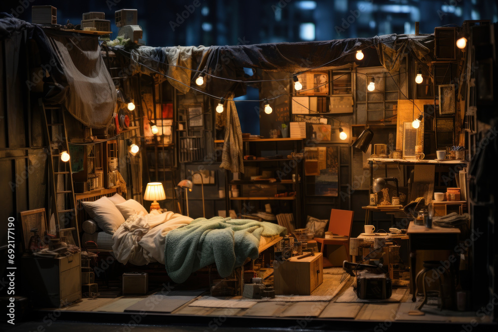 A cityscape at night, with makeshift cardboard shelters illuminated by ...