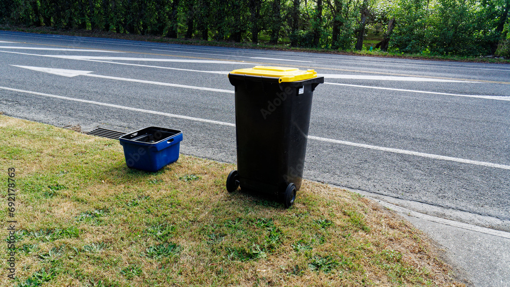 Kerbside recycling bins in Motueka, one for glass the wheelie bin for ...
