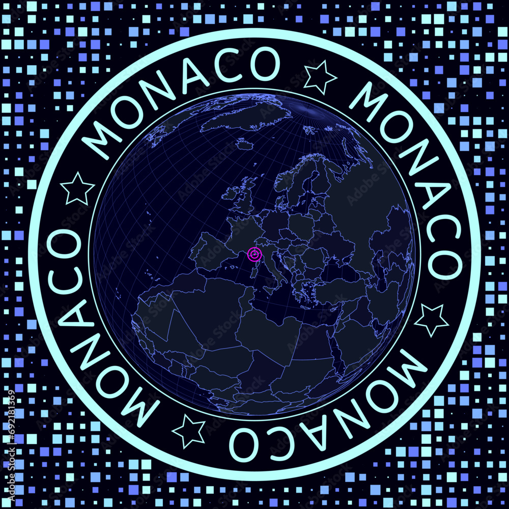 Monaco on globe vector. Futuristic satelite view of the world centered ...