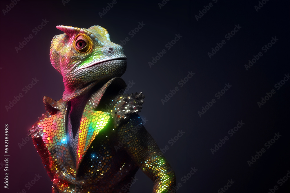 Creative animal concept. Chameleon reptile in disco neon glitter glam ...