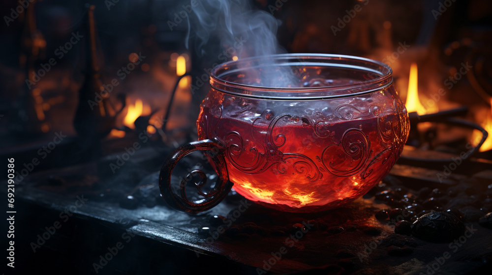 The red potion, bubbling in a cauldron, is a potent brew of magic and ...