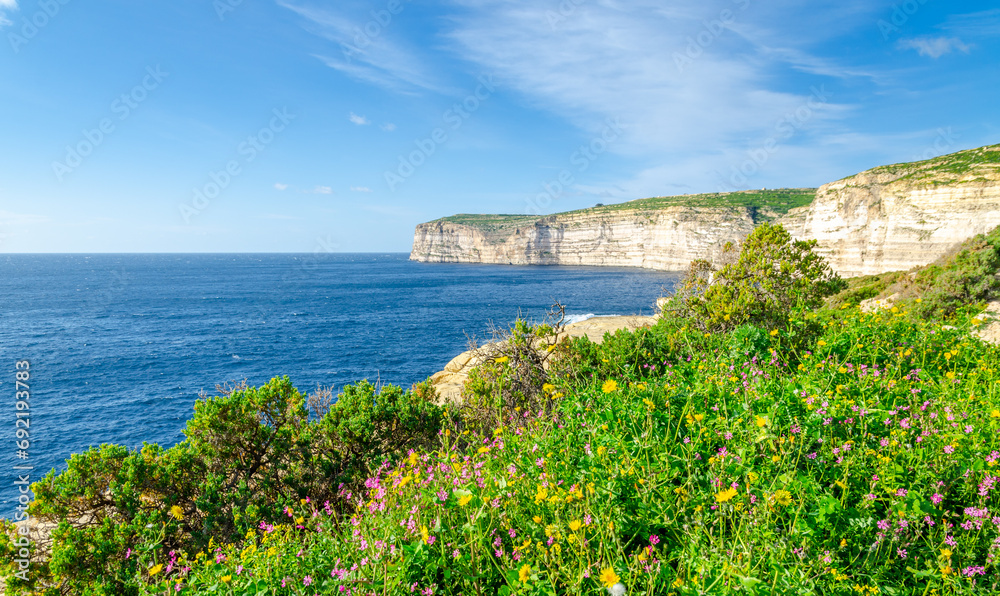 Rocky limestone coastline of Gozo island and Mediterranean Sea with ...