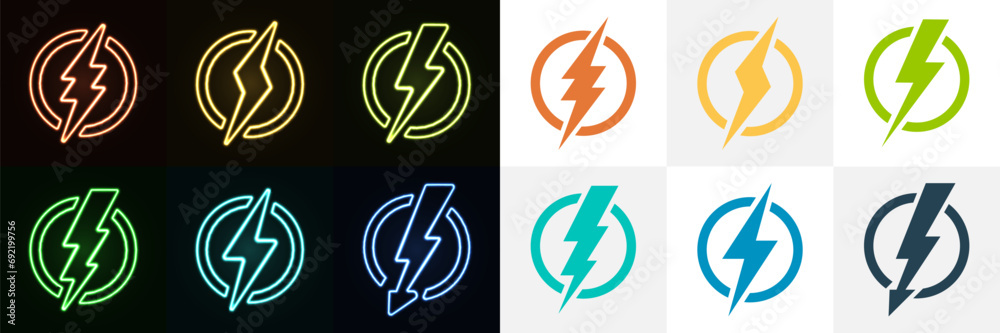 Lightning bolt icons set. Neon glowing in different colors. Electricity symbols in linear neon ...